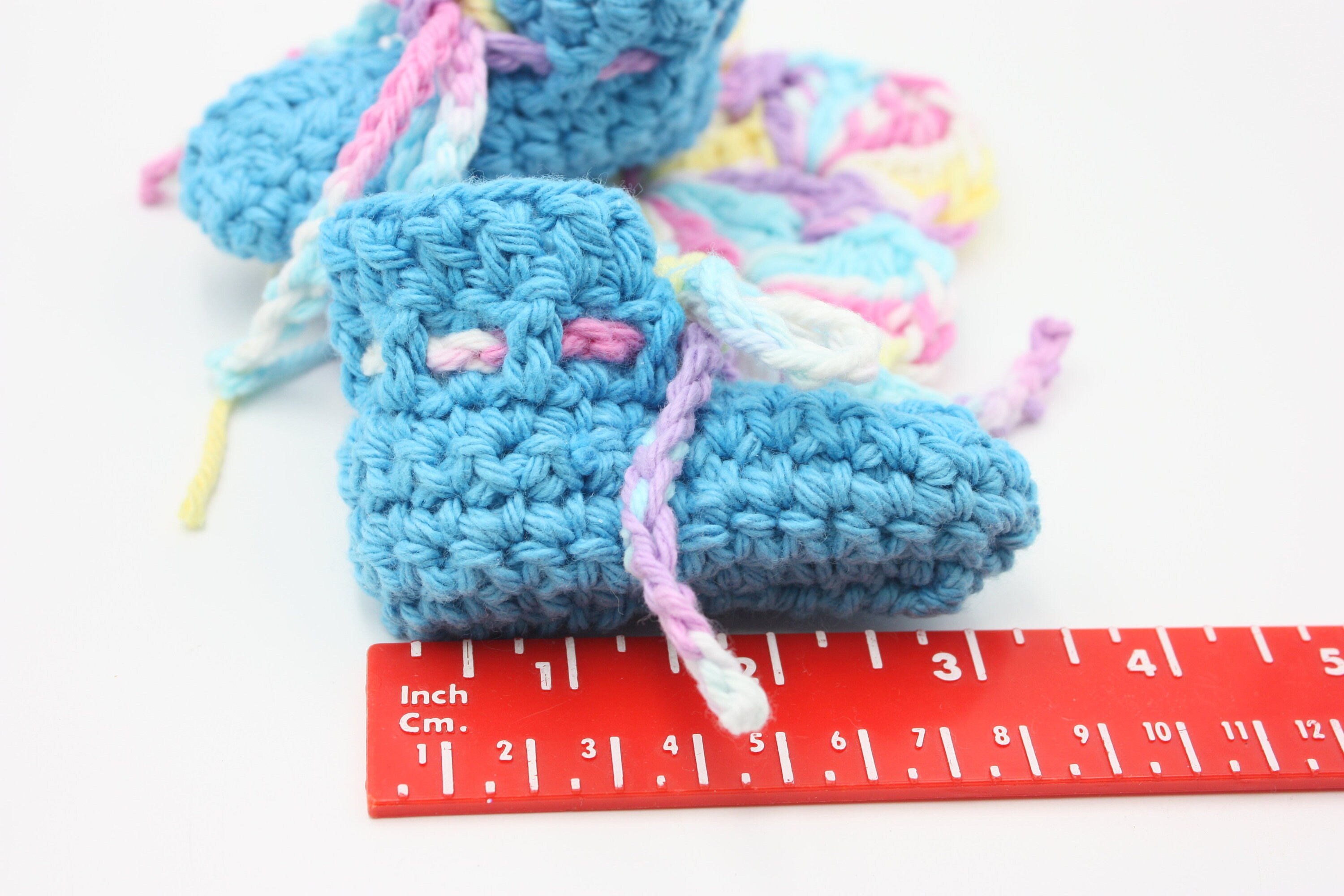 Blue Cotton Preemie Baby Booties With Rainbow Variegated Ties Summer ...