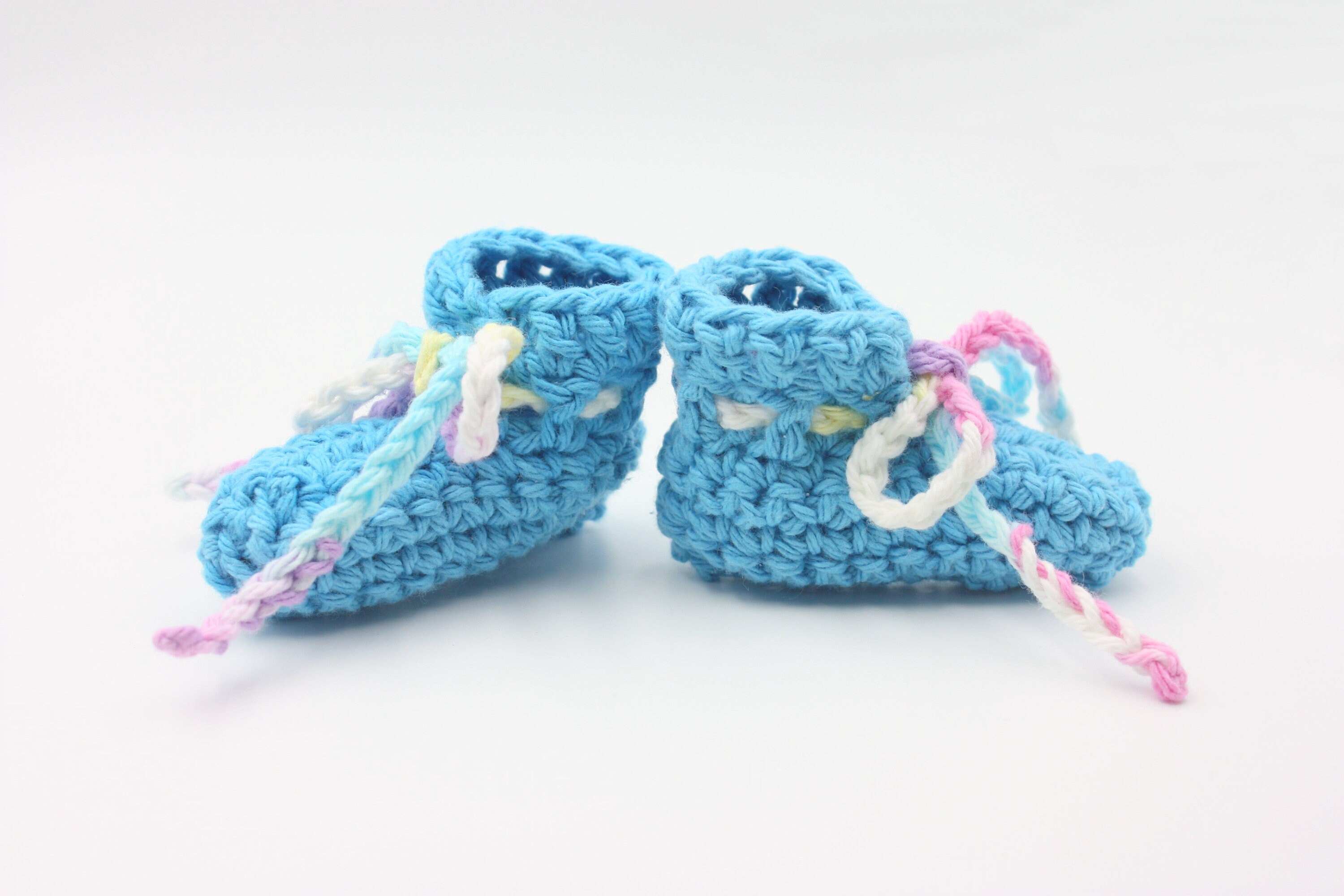 Blue Cotton Preemie Baby Booties With Rainbow Variegated Ties - Summer ...