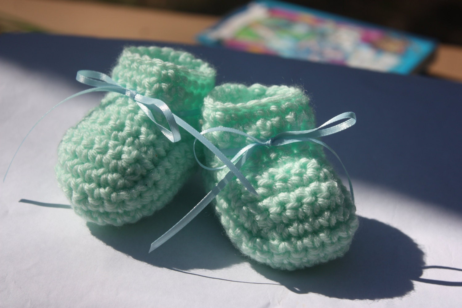 Green Newborn Crocheted Baby Booties With Ribbon Ties- Green Baby Shoes ...