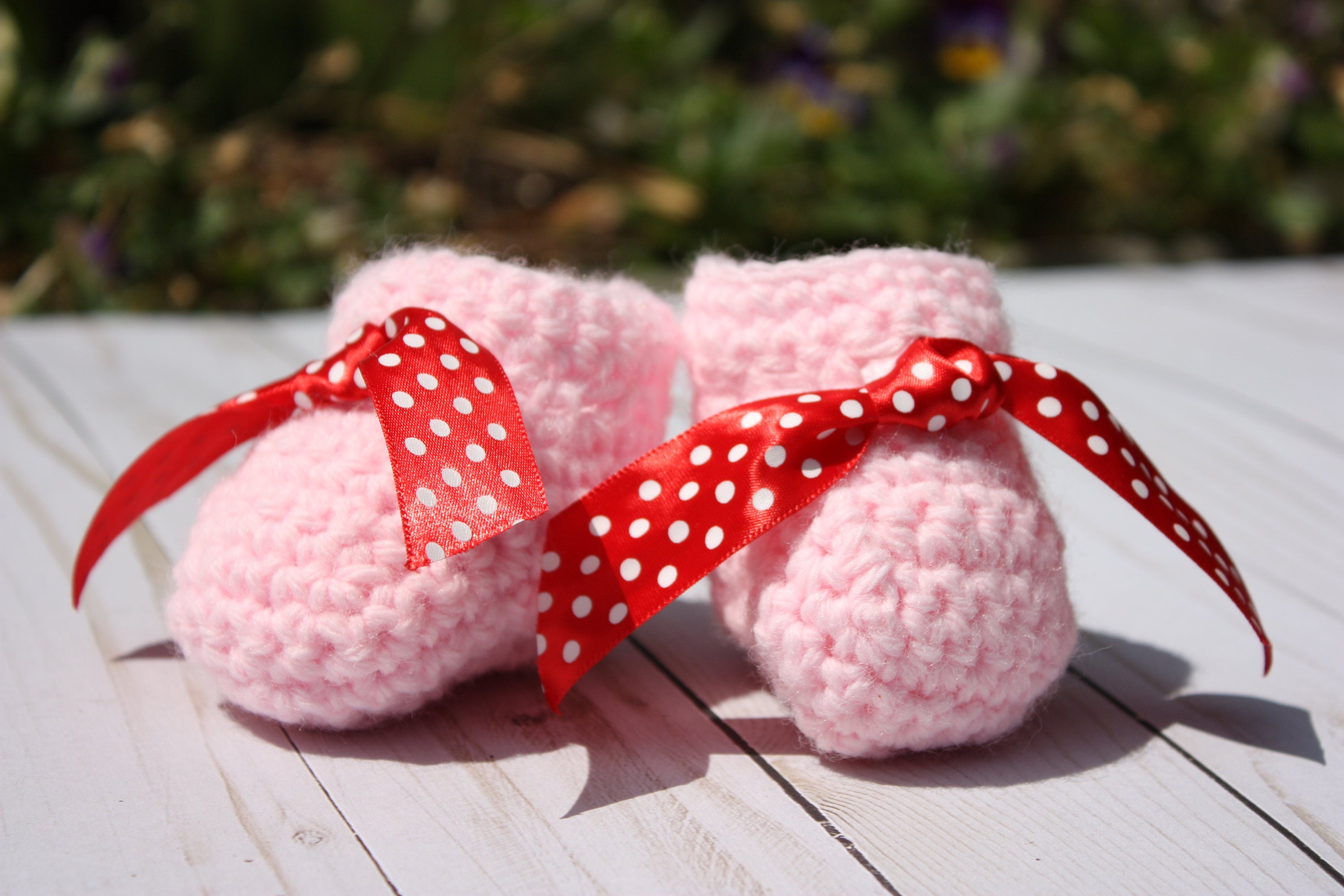 Red Bow Pink Baby Booties - Polka Dot Pink Booties - Pink Crochet ...