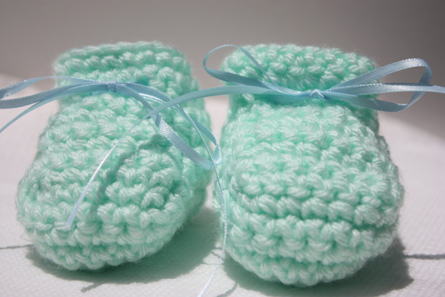 Green Newborn Crocheted Baby Booties With Ribbon Ties- Green Baby Shoes ...