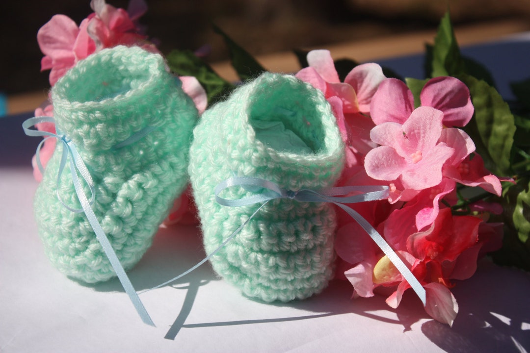 Green Newborn Crocheted Baby Booties With Ribbon Ties- Green Baby Shoes ...