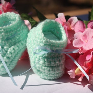 Green Newborn Crocheted Baby Booties With Ribbon Ties- Green Baby Shoes ...