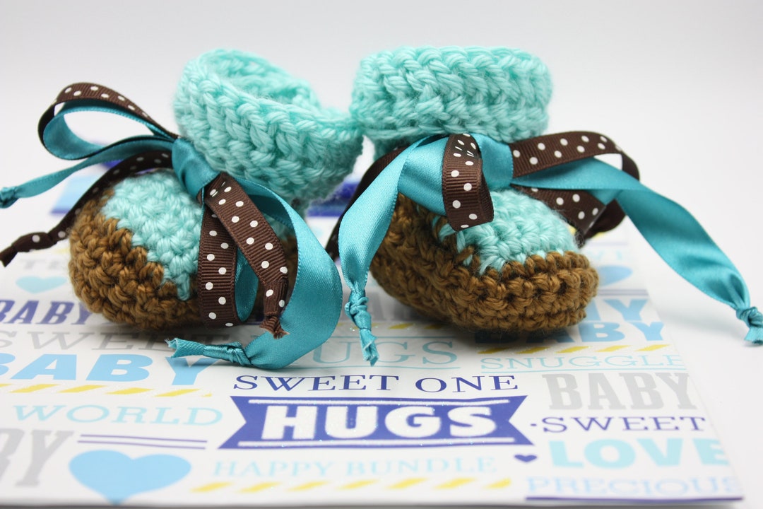 Teal and Brown Booties With Polka Dot Bows Cuffed Crochet Newborn ...
