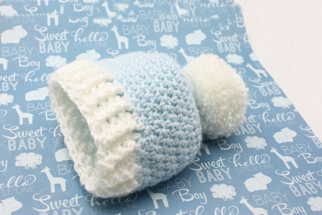 Baby Boy Blue Hat Crochet Blue Newborn Hat With White Ribbing and ...