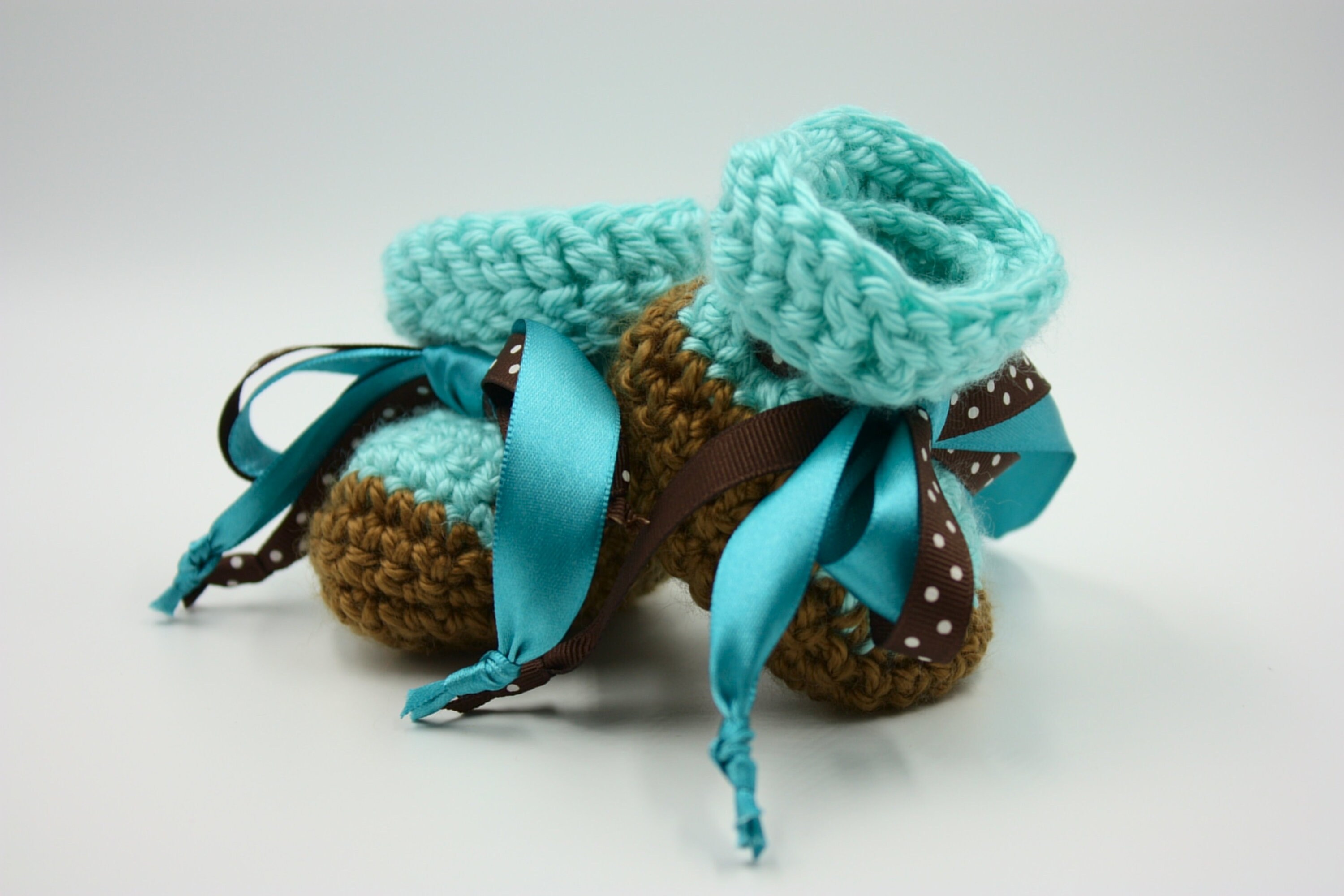 Teal and Brown Booties With Polka Dot Bows Cuffed Crochet Newborn ...