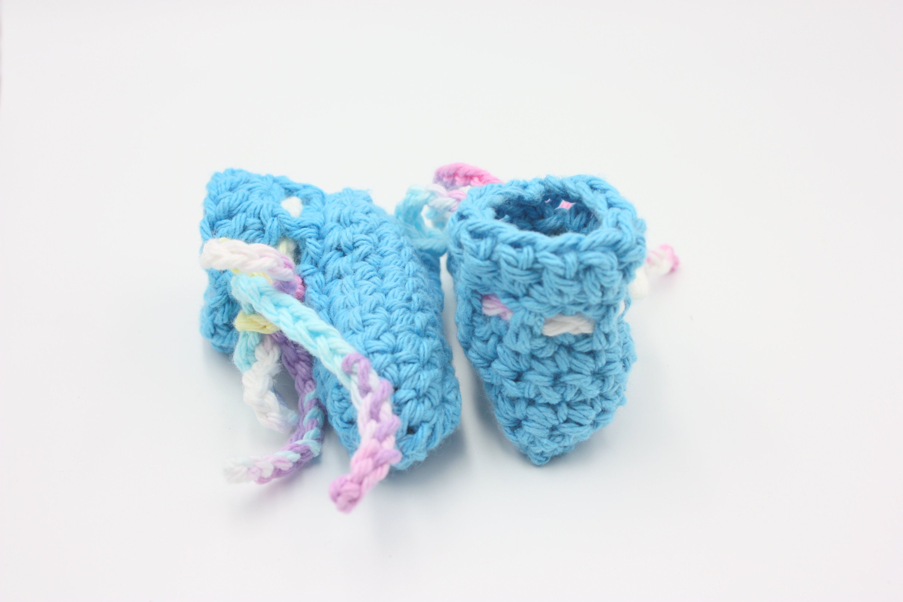 Blue Cotton Preemie Baby Booties With Rainbow Variegated Ties Summer ...