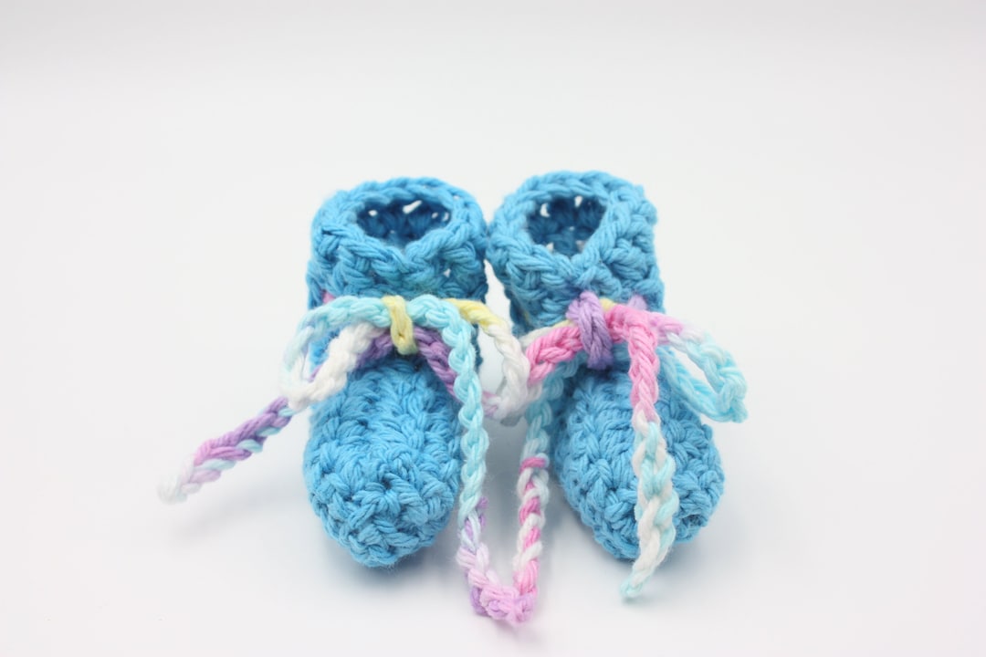 Blue Cotton Preemie Baby Booties With Rainbow Variegated Ties - Summer ...