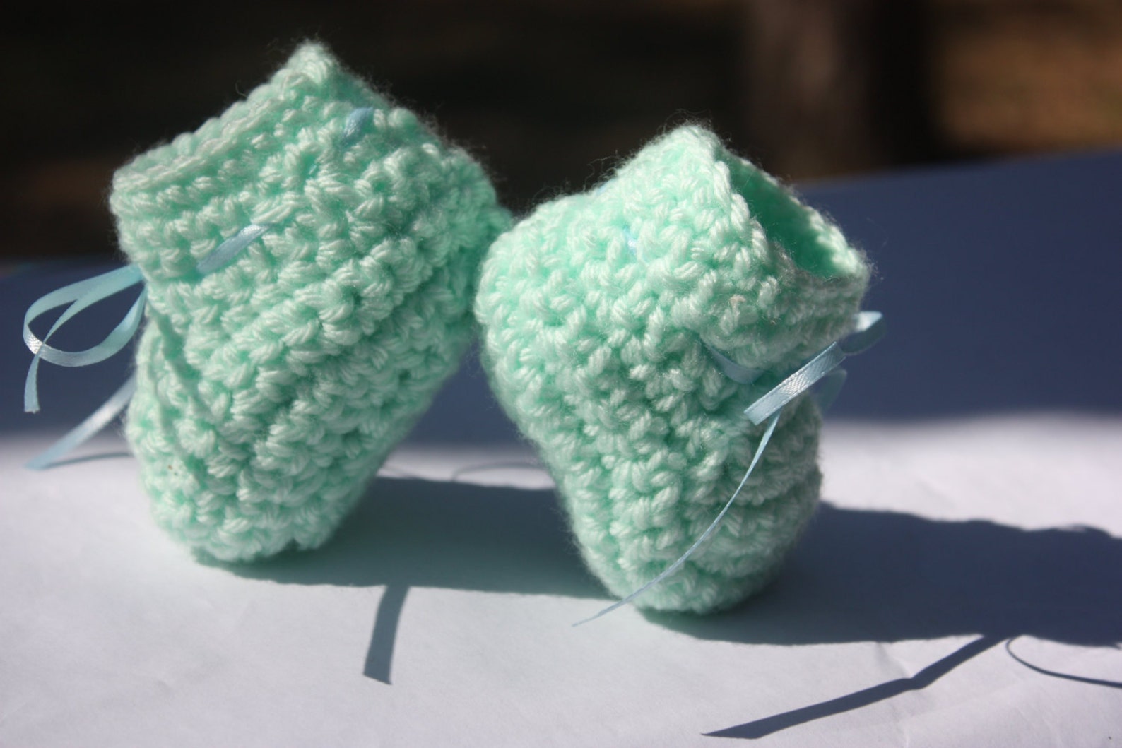 Green Newborn Crocheted Baby Booties With Ribbon Ties- Green Baby Shoes ...