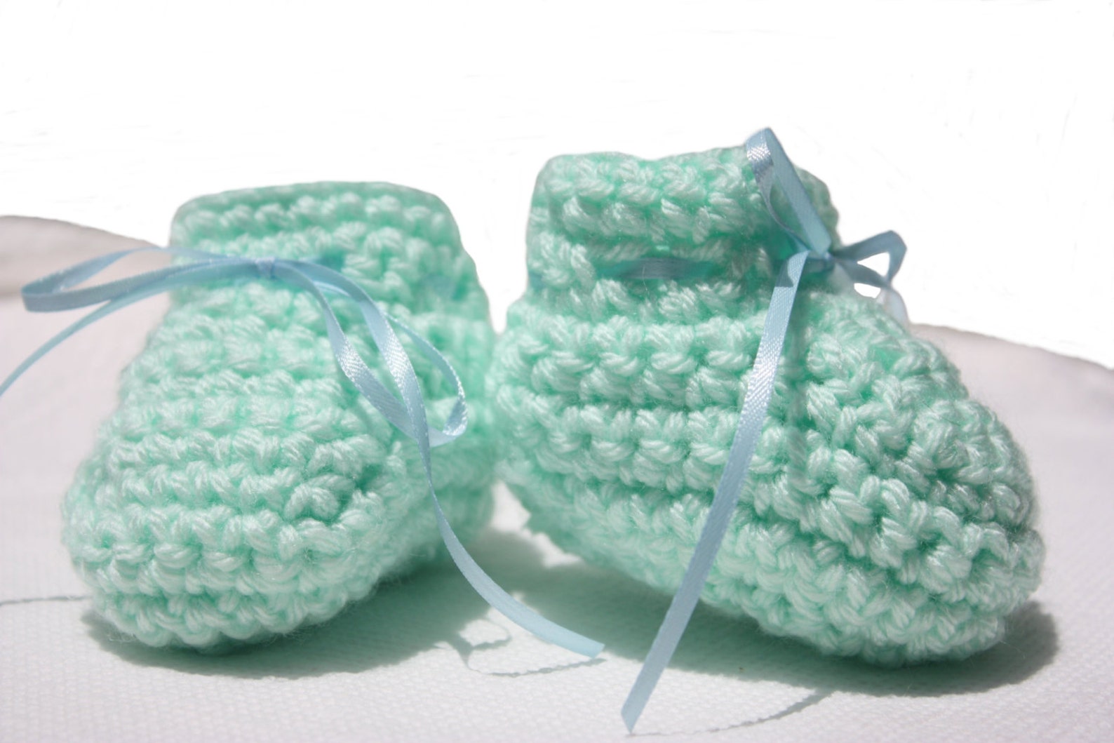 Green Newborn Crocheted Baby Booties With Ribbon Ties- Green Baby Shoes ...