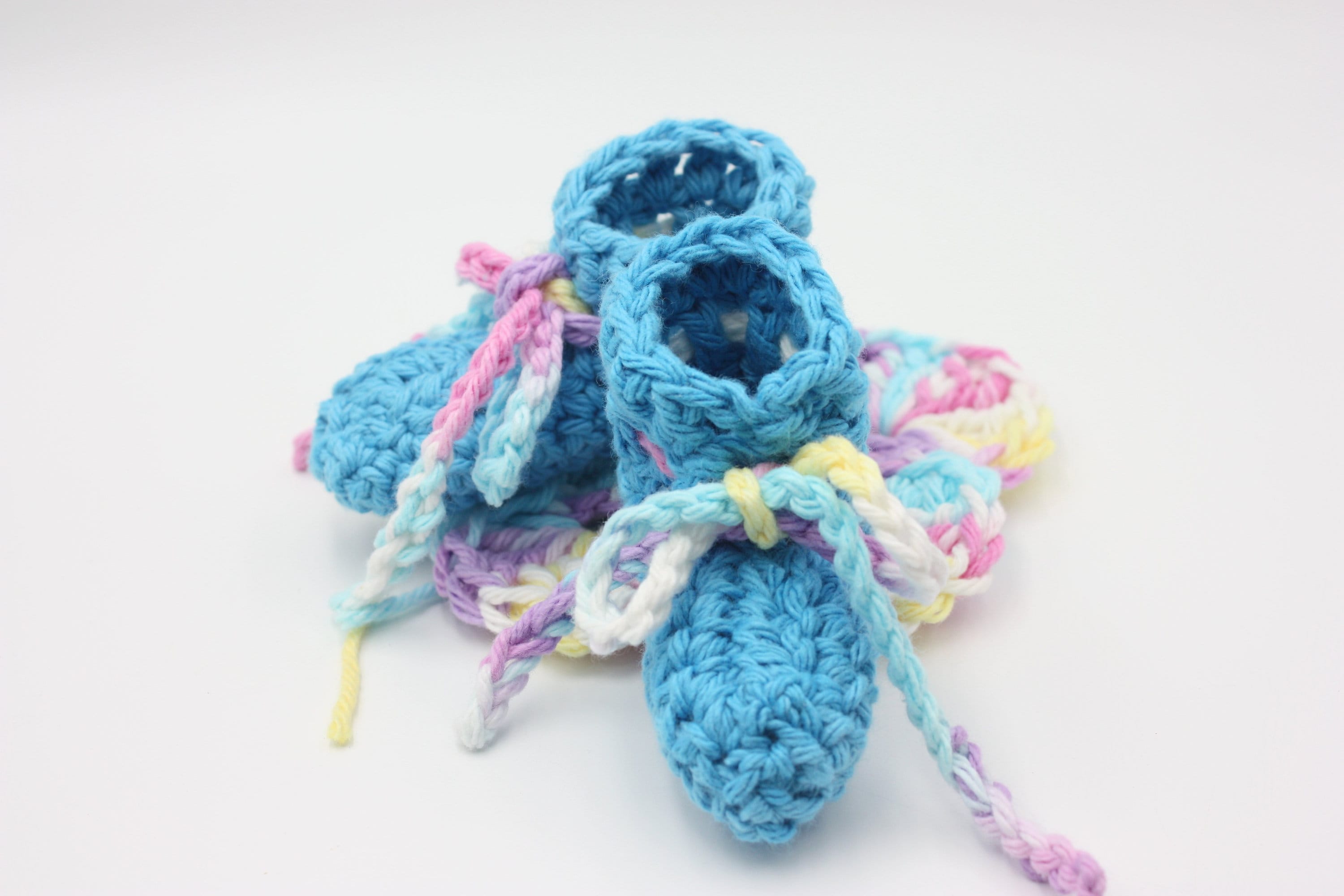 Blue Cotton Preemie Baby Booties With Rainbow Variegated Ties Summer ...