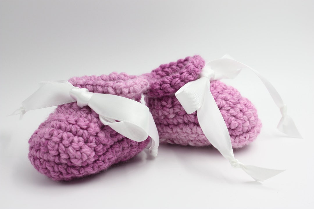 Crochet Plum Booties - 3 to 6 Months Baby Booties - Ribbon Ombre ...