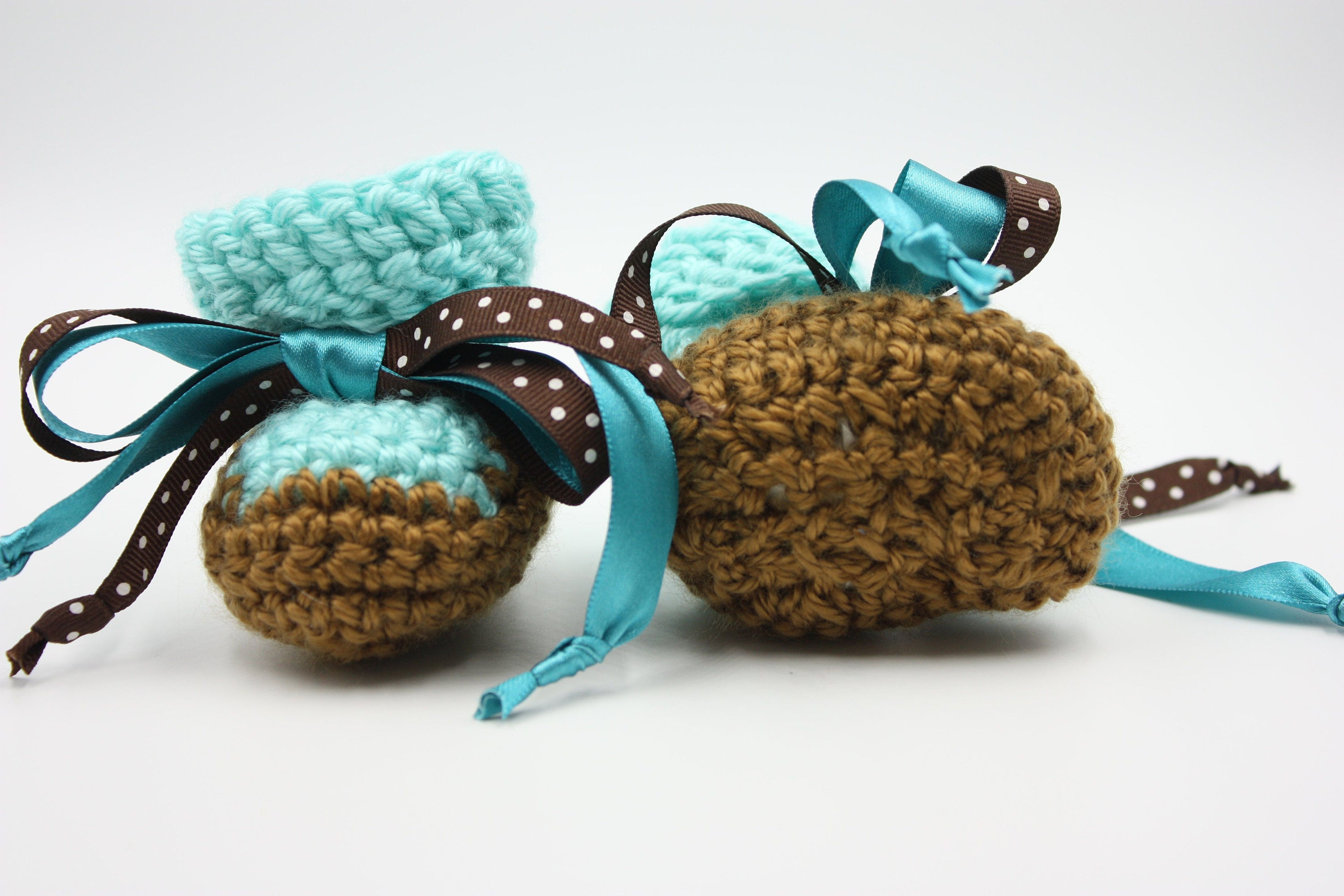 Teal and Brown Booties With Polka Dot Bows Cuffed Crochet Newborn ...