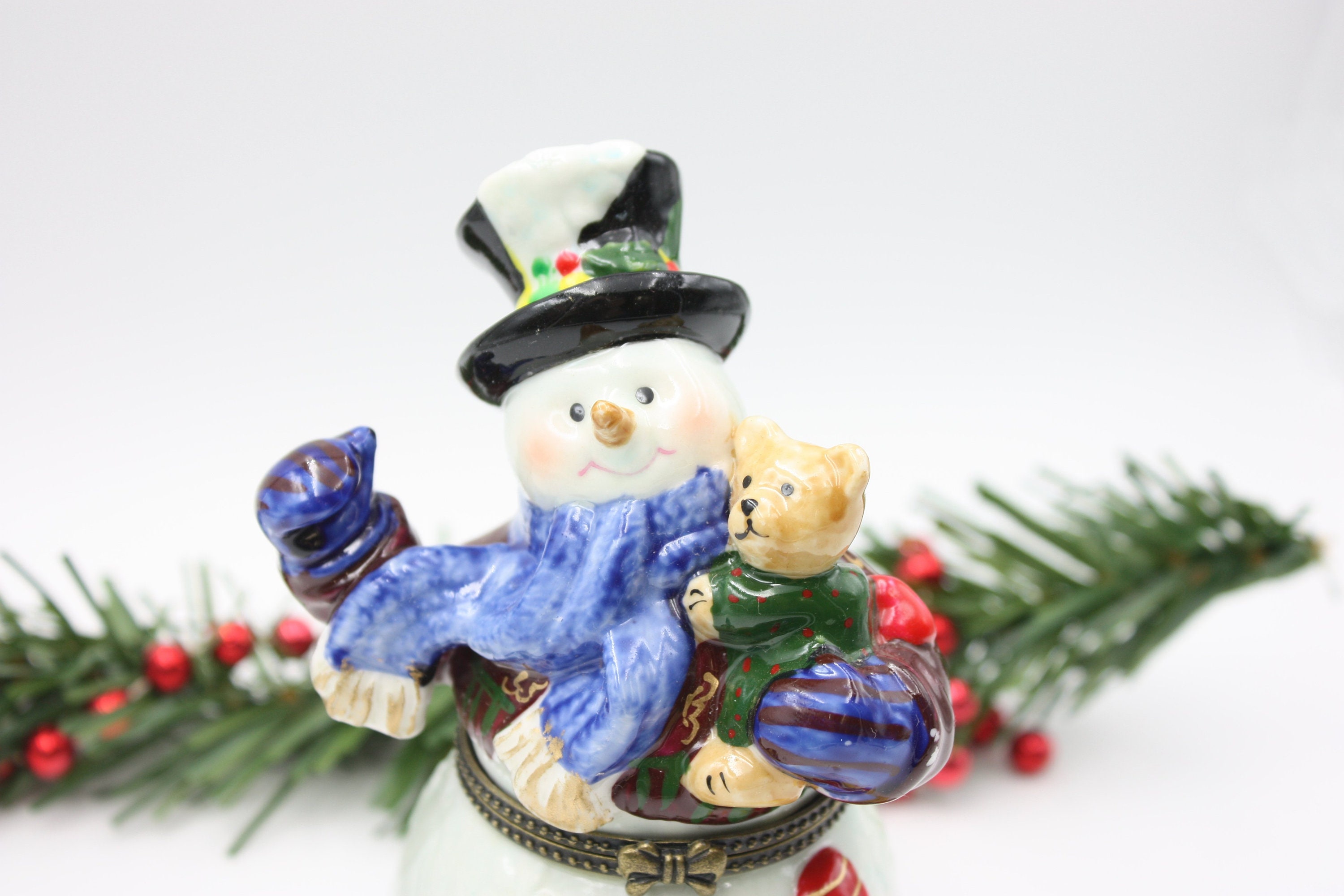 Hinged Snowman Trinket Box Vintage Ceramic Snowman Box Detailed Holiday ...