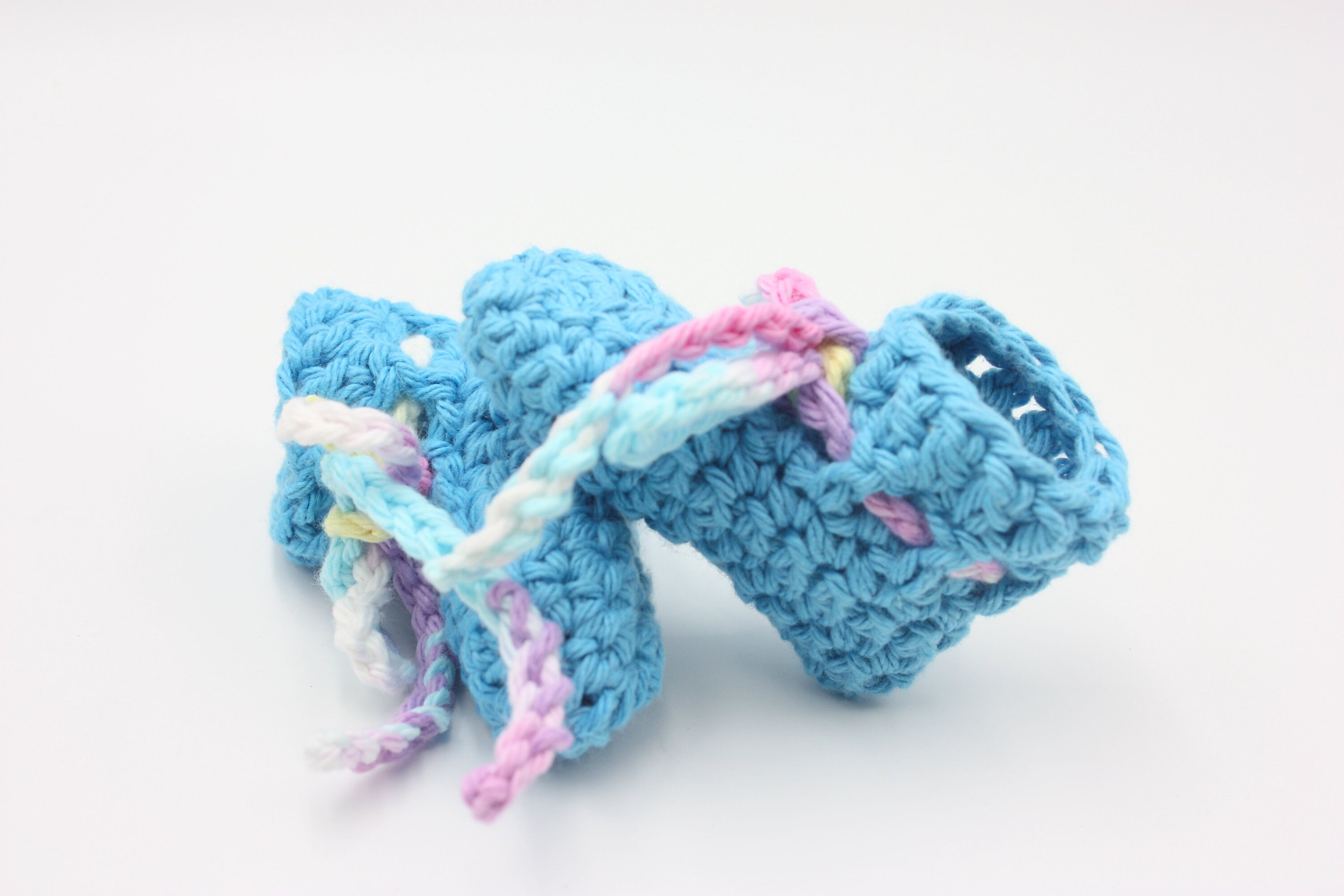 Blue Cotton Preemie Baby Booties With Rainbow Variegated Ties - Summer ...