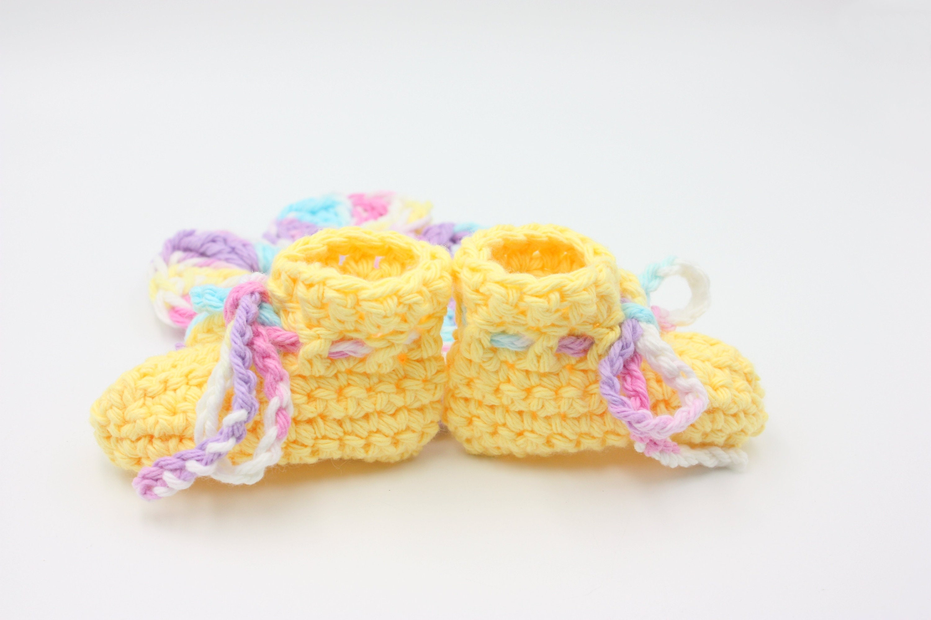 Yellow Cotton Preemie Baby Booties With Variegated Ties Summer Preemie ...