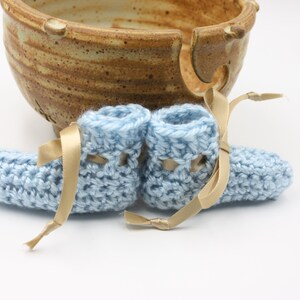 Blue Preemie Baby Booties With Gold Ribbon Ties - - Etsy