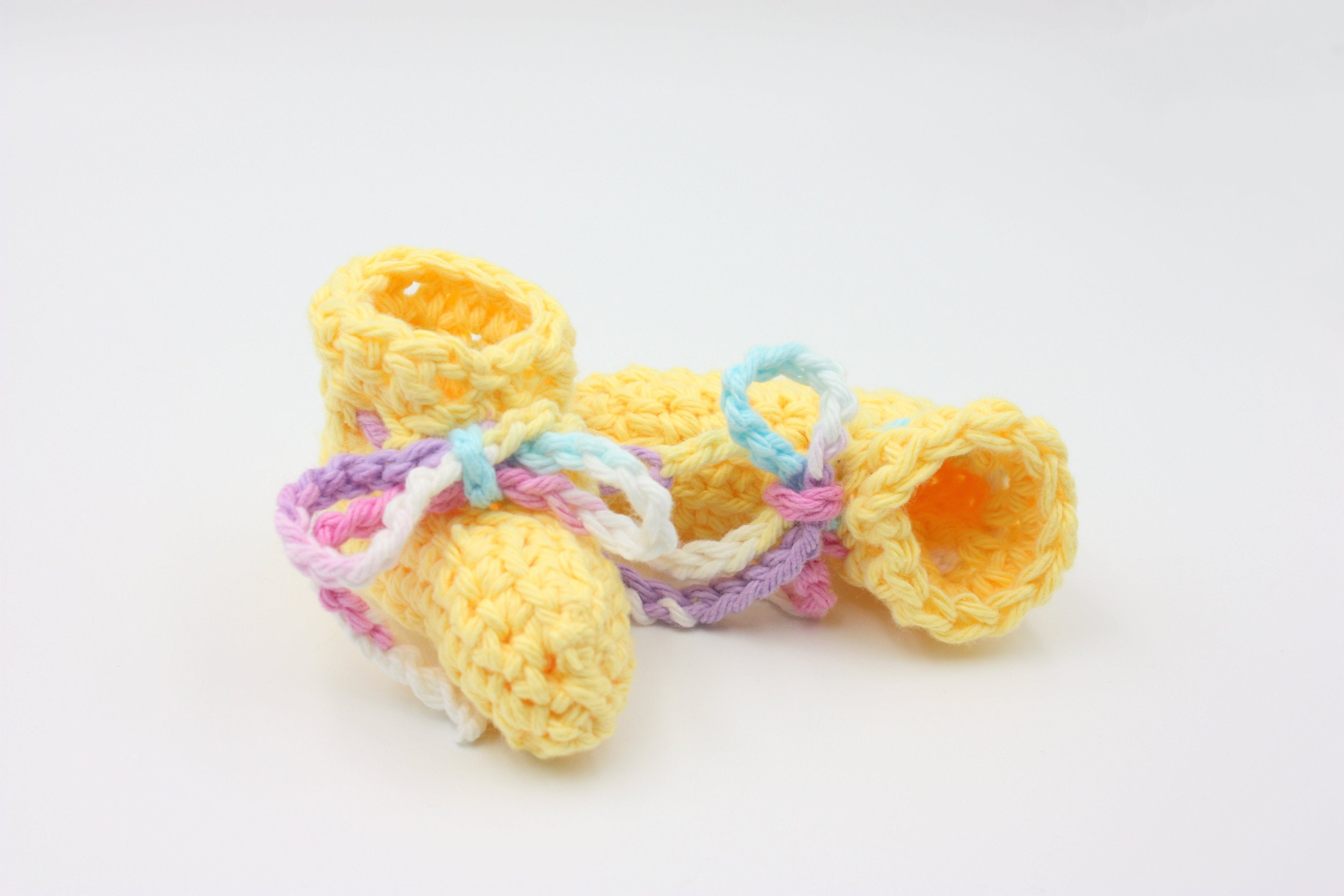 Yellow Cotton Preemie Baby Booties With Variegated Ties Summer Preemie ...