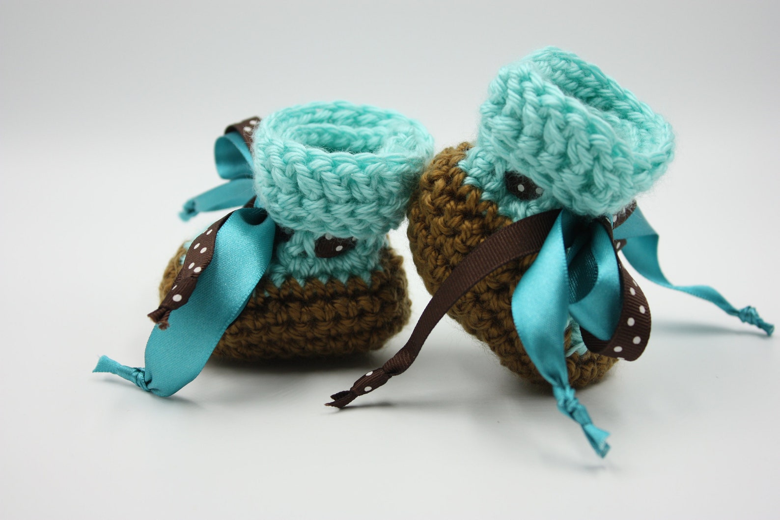 Teal and Brown Booties With Polka Dot Bows Cuffed Crochet Newborn ...