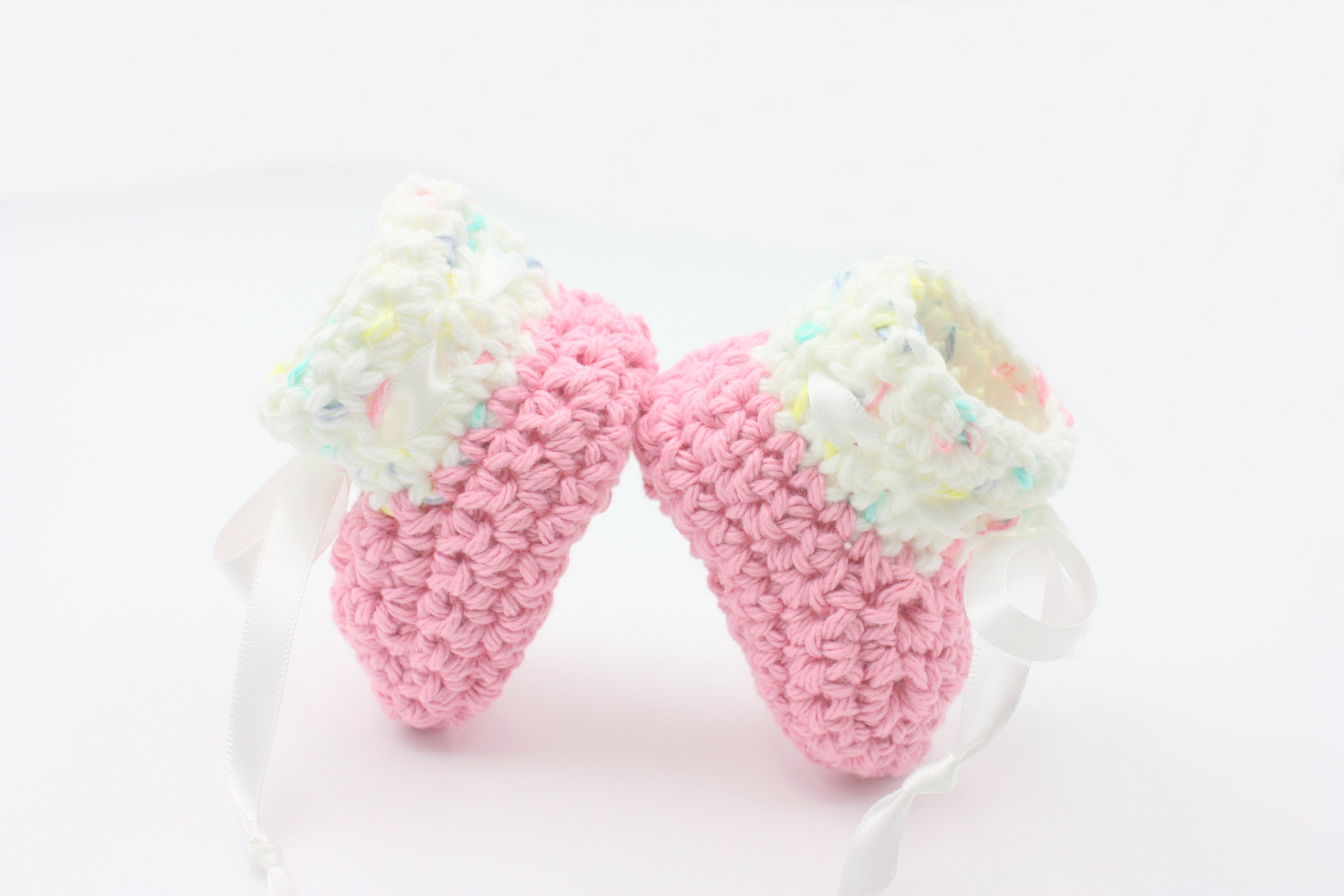 Pink Cotton Baby Booties With Variegated Cuff Baby Girl Baby Shoes ...