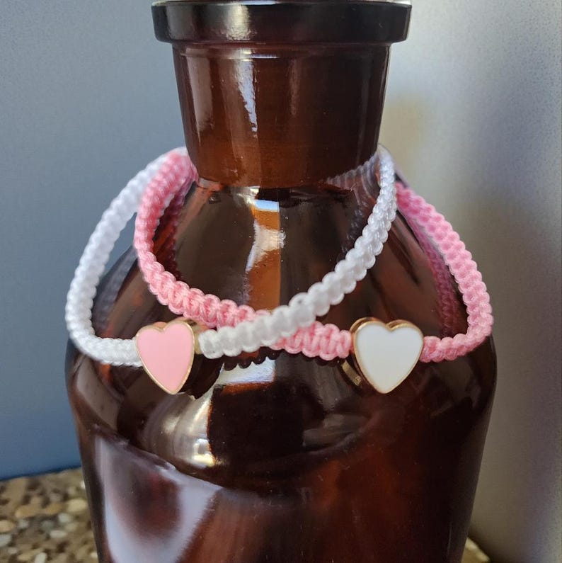 Matching Heart Macrame Bracelet Set | Adjustable Pink White Enamel Gold ...