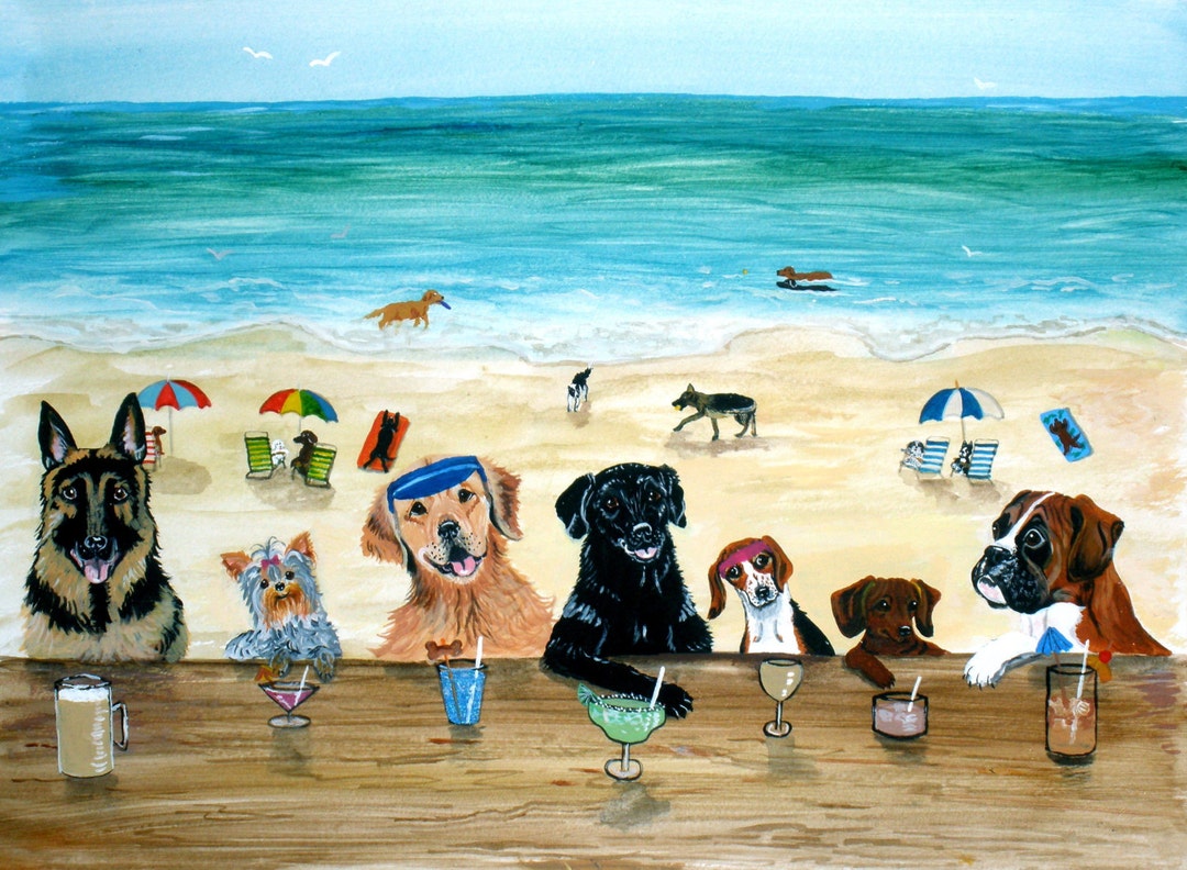 Dog Beach Bar, Dog Print, Dog Painting, Dog Art, Dog Bar, Golden ...
