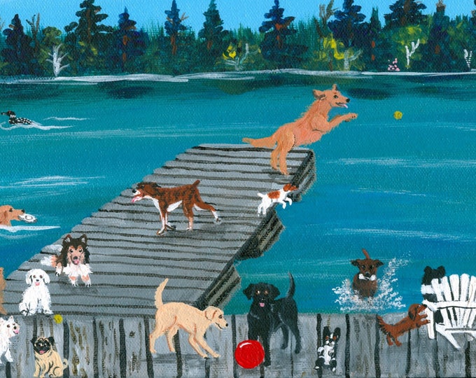 Dog Art, Dogs at the Lake, Dog Lake, Dogs Swimming, Dog Painting, Fun ...