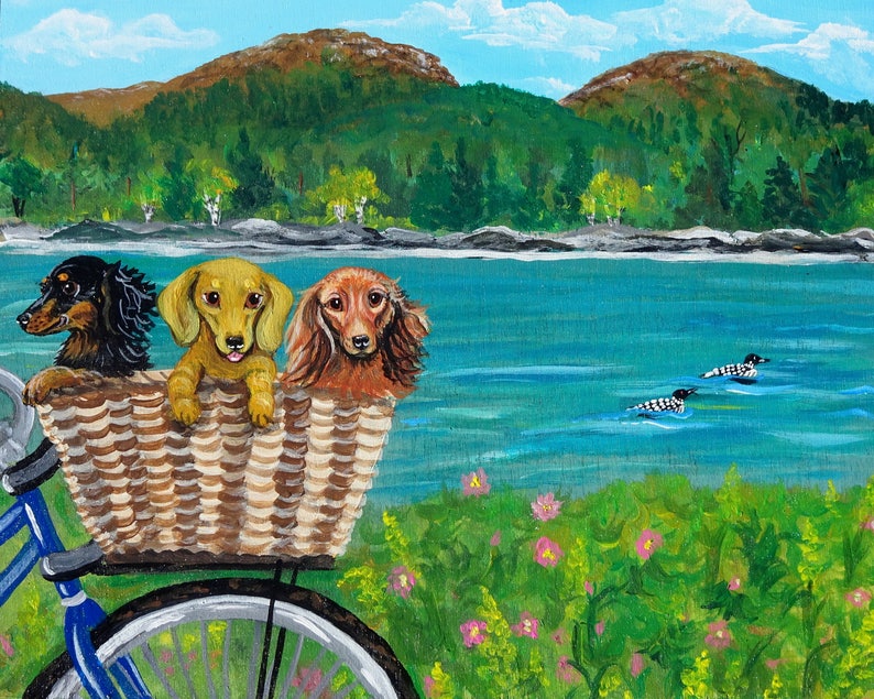 Dachshund Print, Dachshund Art, Dachshund Painting, Dachshunds in Bike ...