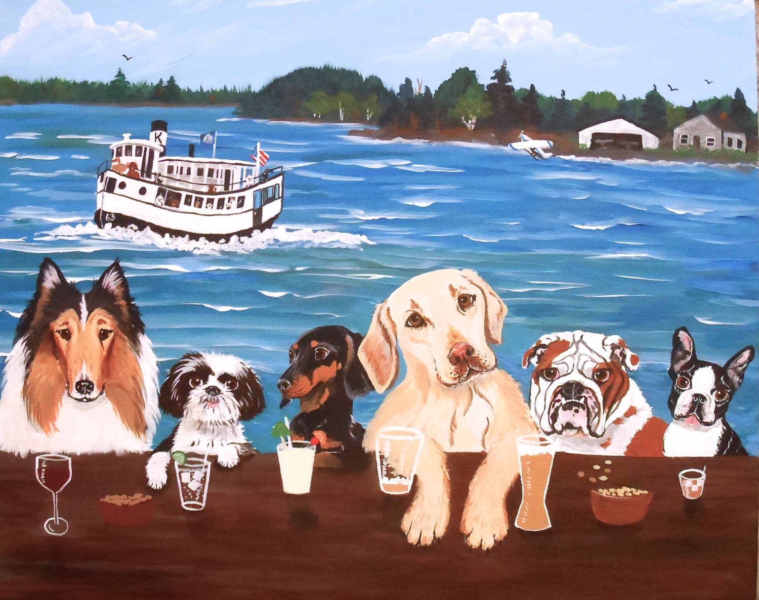 Dog Art Dogs at the Lake Bar Print Dog Bar Dogs at the - Etsy