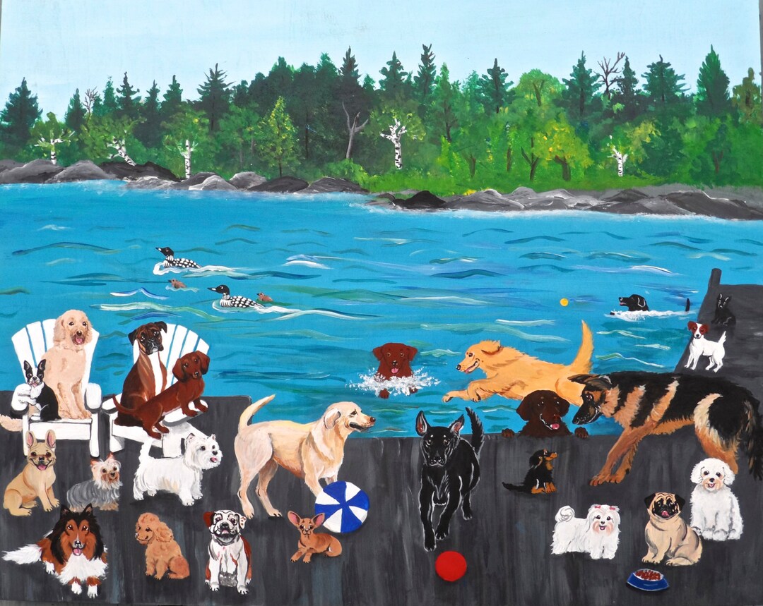 Dog Art, Dogs at the Lake Print, Dog Print, Fun Dog Art, Fun Dog Print ...