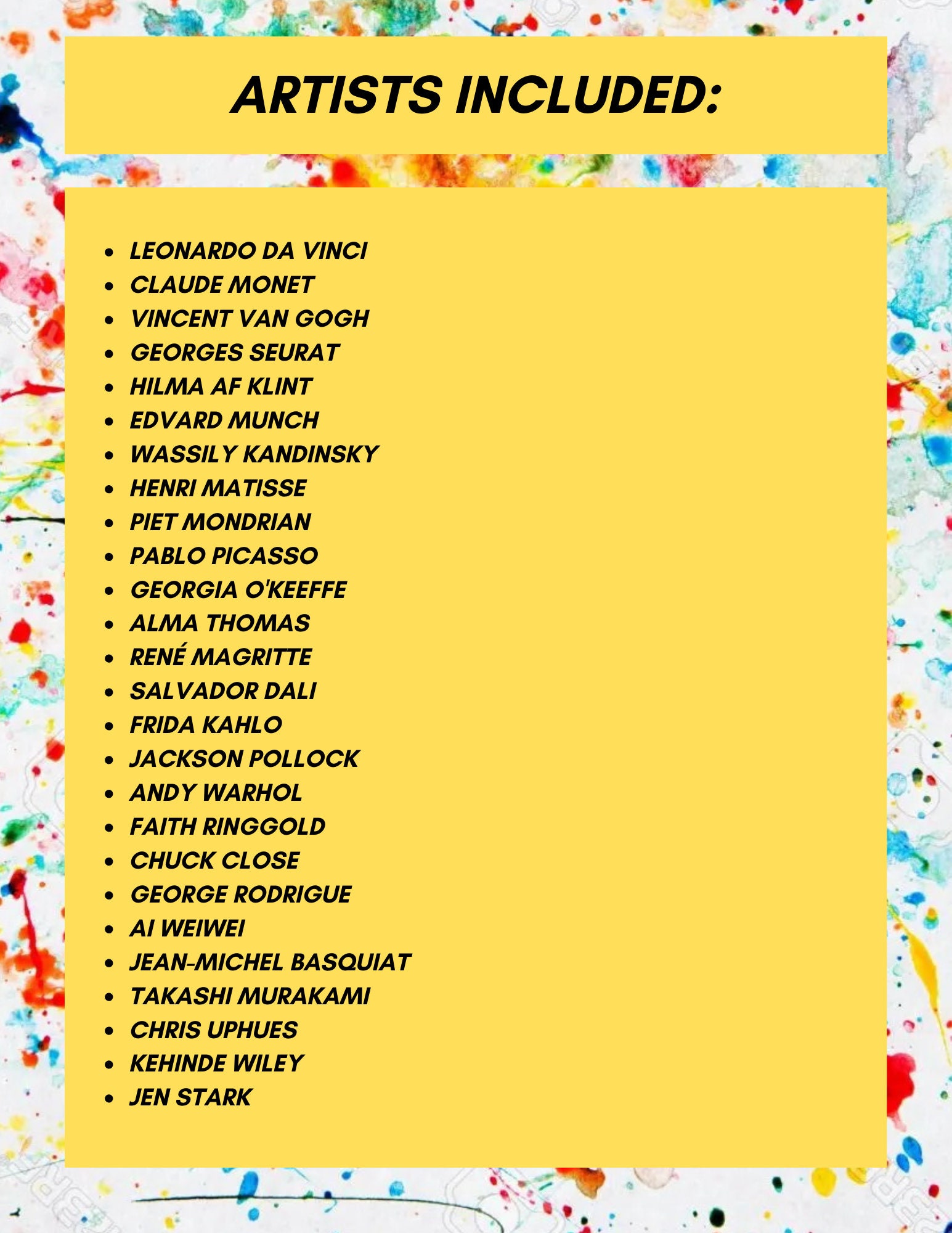 Meet The Artist Famous Artists Fact Sheets Etsy