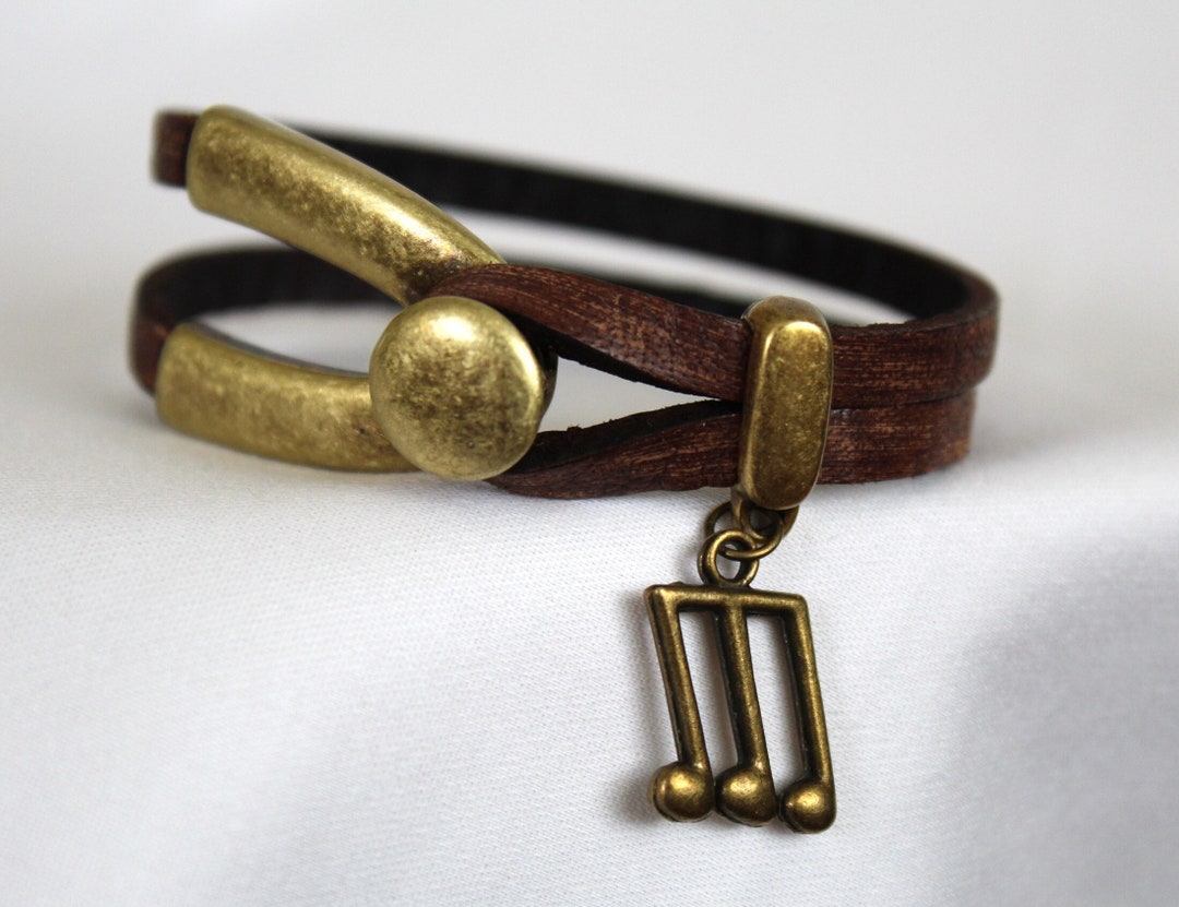 Musical Note Leather Bracelet, Brown Leather and Brass Musical Note ...