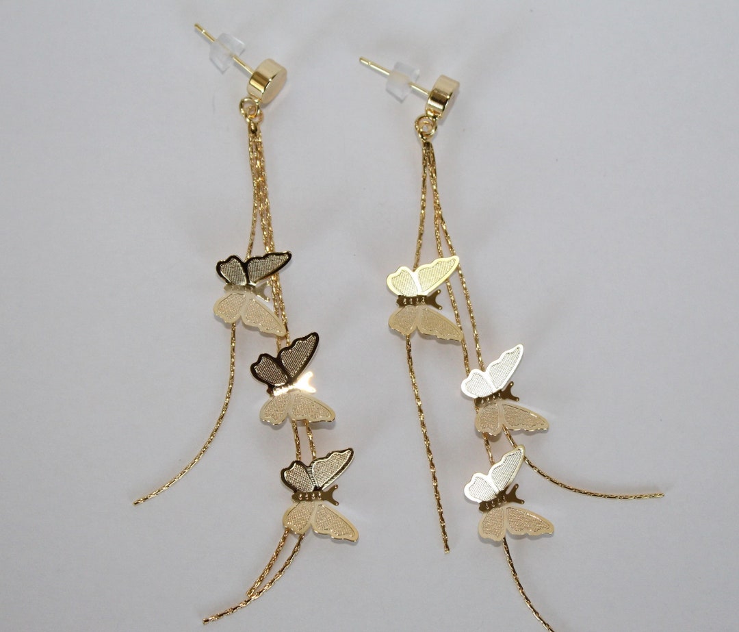 Gold Butterfly Earrings, Long Post Dangle Earrings With Butterflies on Each Strand - Etsy