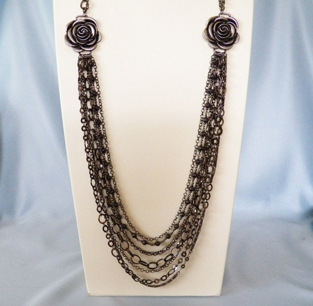 Layered Multi Strand Gunmetal Necklace, Long Necklace Layered Gunmetal ...