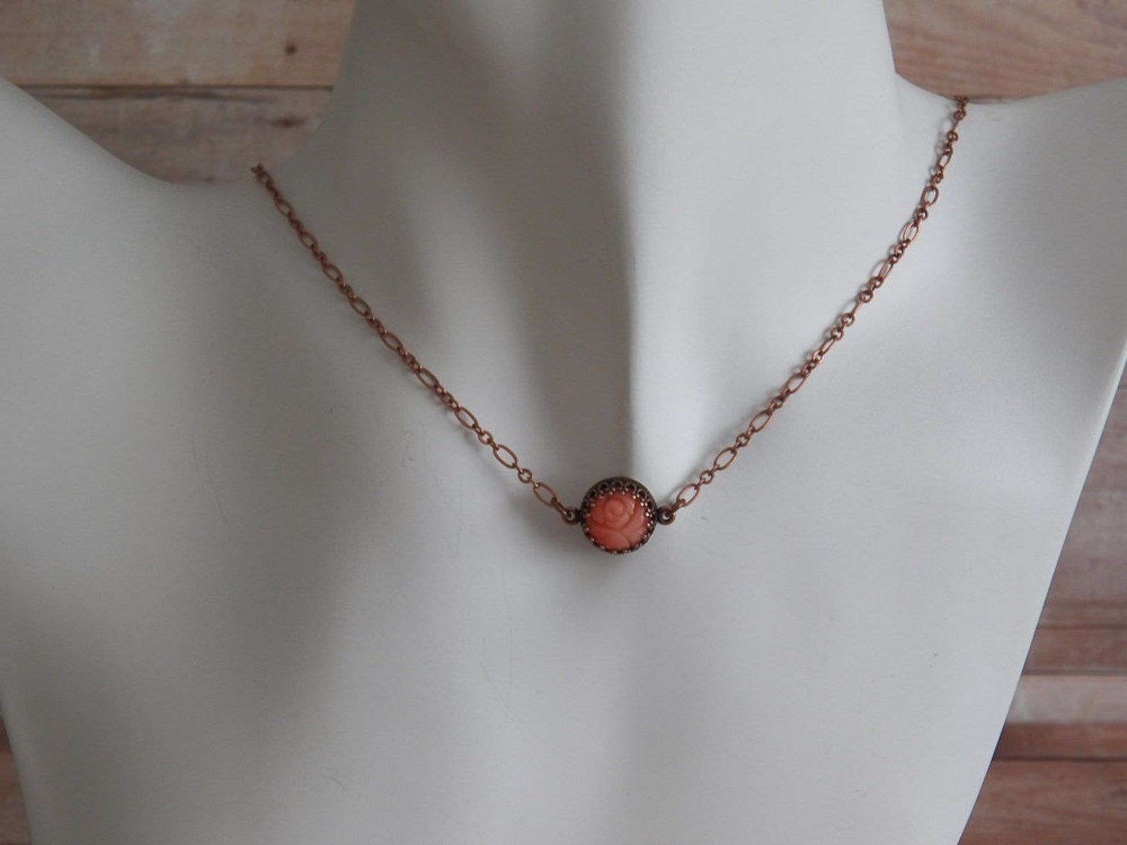 Antique Copper Delicate Chain Necklace With Carved Pink Coral Cabochon ...