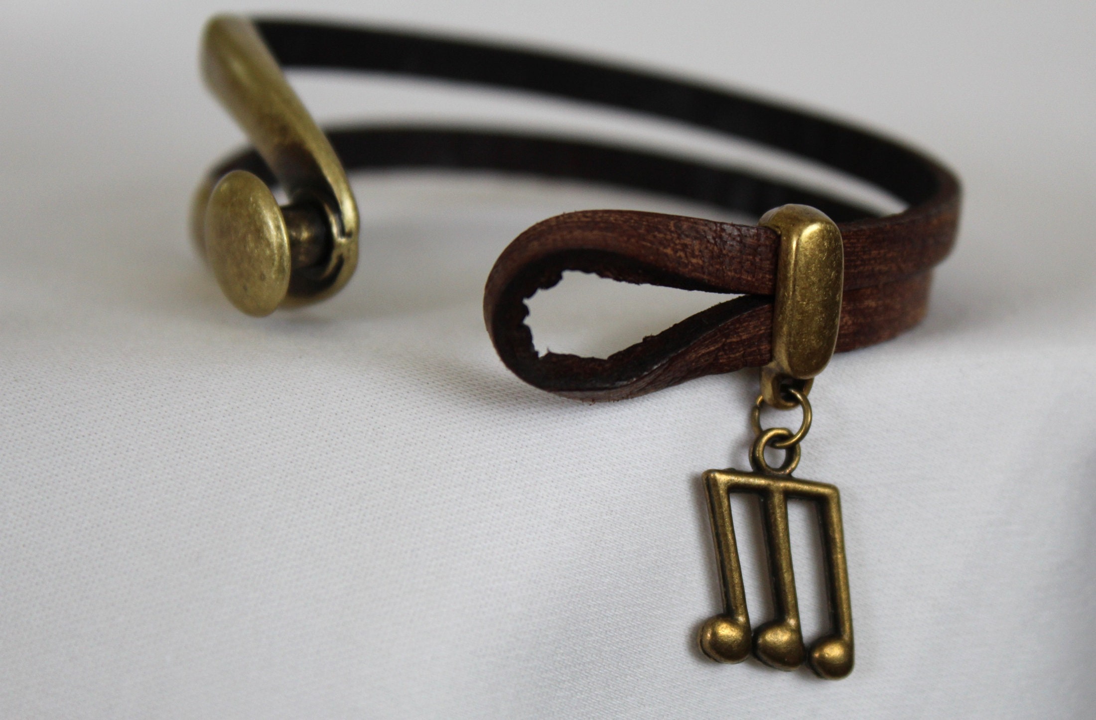 Musical Note Leather Bracelet, Brown Leather and Brass Musical Note ...