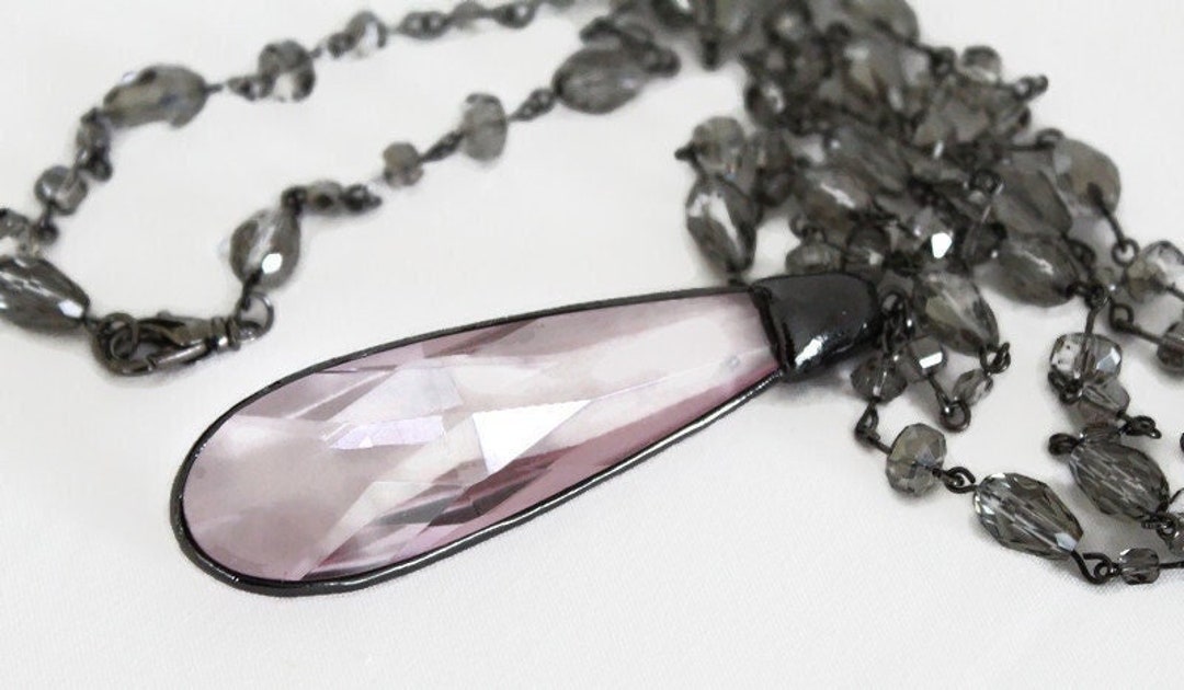 Pink Crystal Teardrop Necklace, Pink Crystal Glass Pendant With Long ...