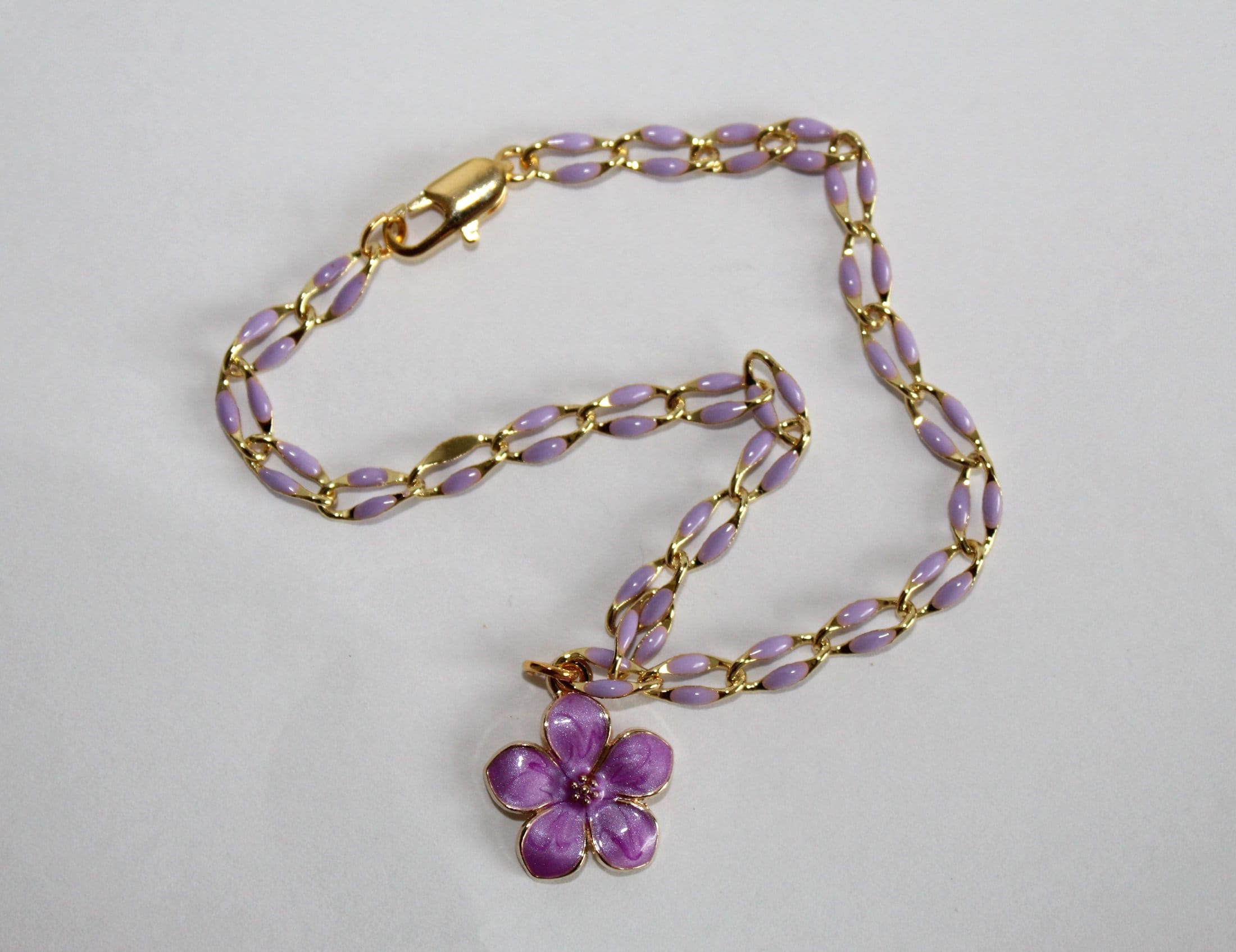 Purple Flower Anklet, Gold and Purple Enamel Chain With Enamel Purple ...