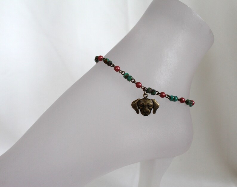Puppy Dog Anklet, Czech Glass Beaded Chain With Brass Puppy Dog Face ...