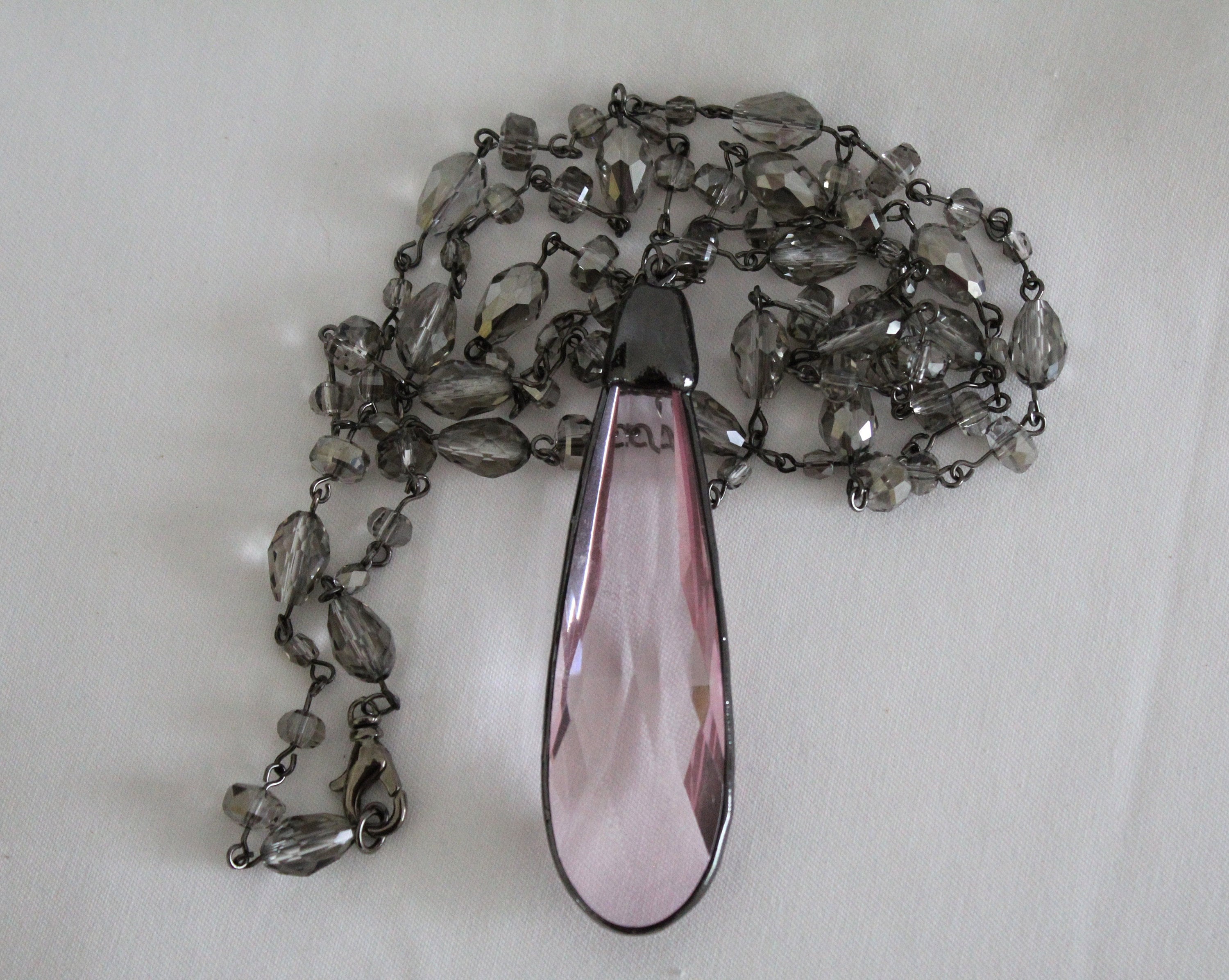 Pink Crystal Teardrop Necklace, Pink Crystal Glass Pendant With Long ...