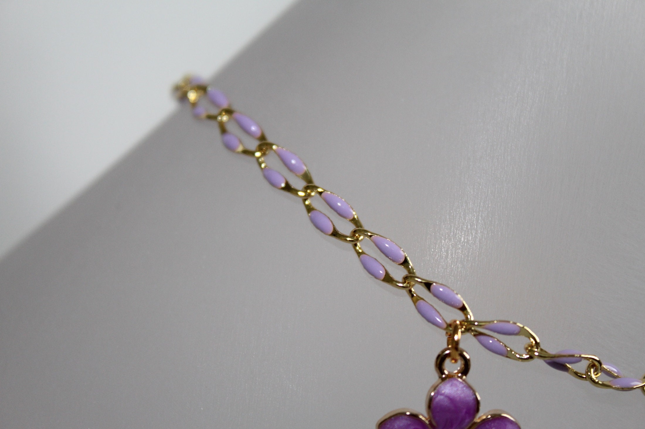 Purple Flower Anklet, Gold and Purple Enamel Chain With Enamel Purple ...