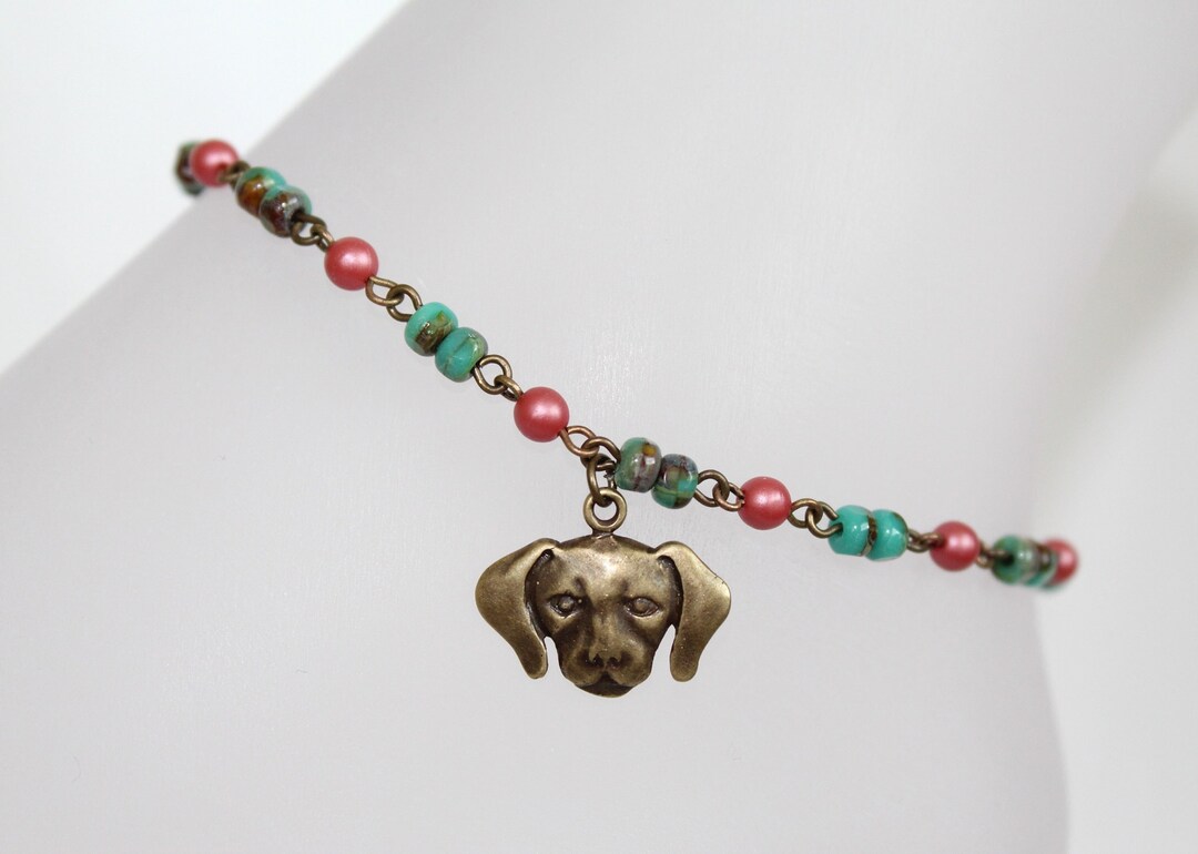 Puppy Dog Anklet, Czech Glass Beaded Chain With Brass Puppy Dog Face ...