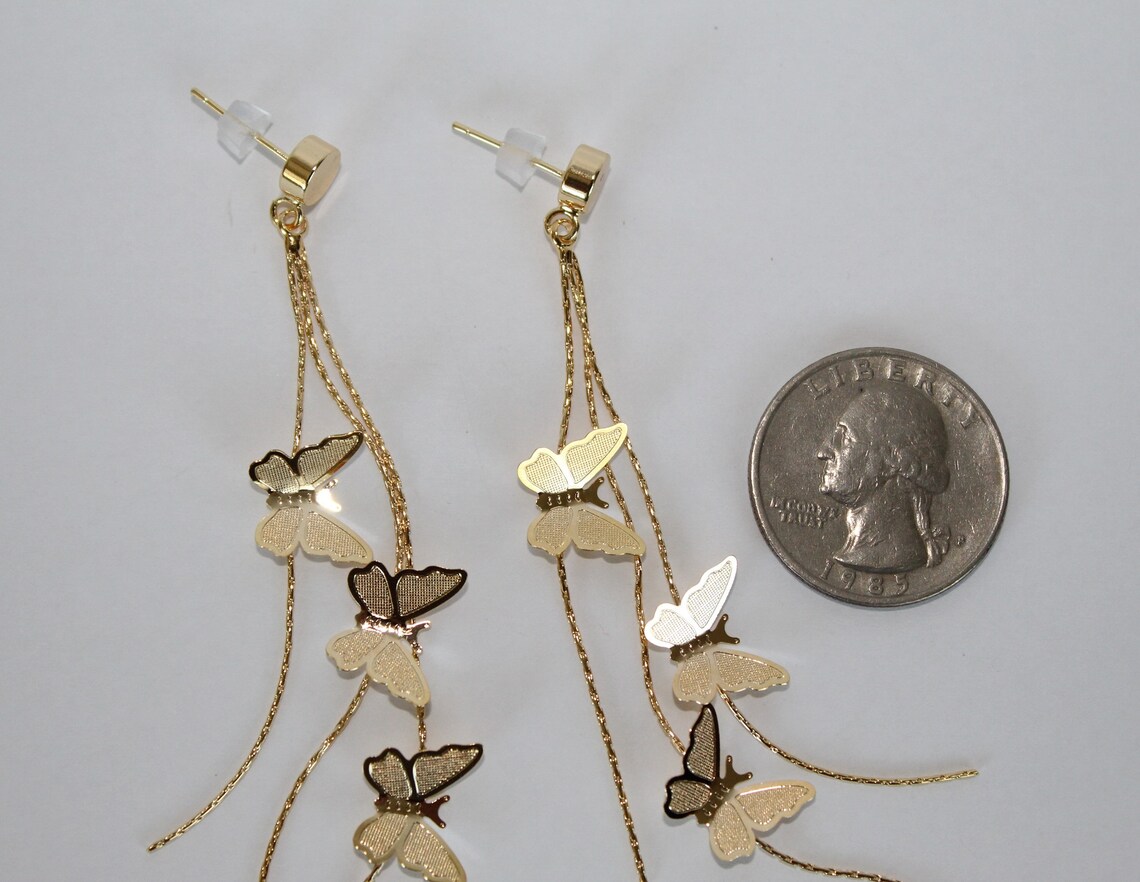 Gold Butterfly Earrings, Long Post Dangle Earrings With Butterflies on ...