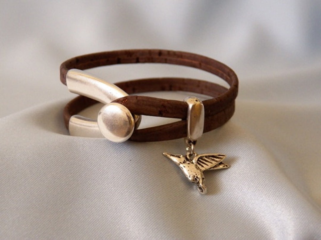 Hummingbird Cork Bracelet Antique Silver Wishbone Clasp With Dark Brown ...