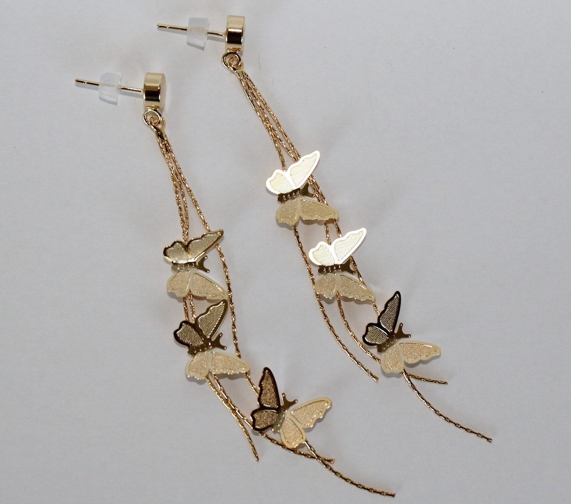 Gold Butterfly Earrings, Long Post Dangle Earrings With Butterflies on Each Strand - Etsy