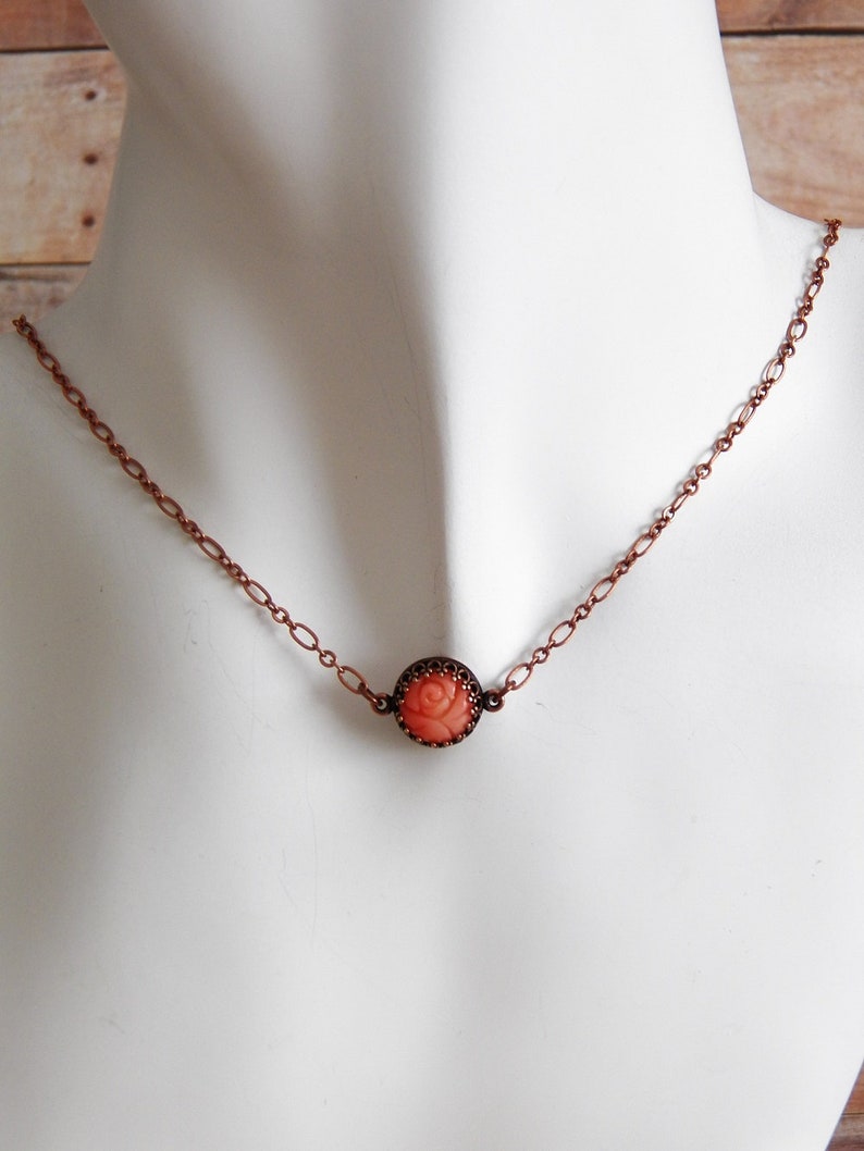 Antique Copper Delicate Chain Necklace With Carved Pink Coral Cabochon ...