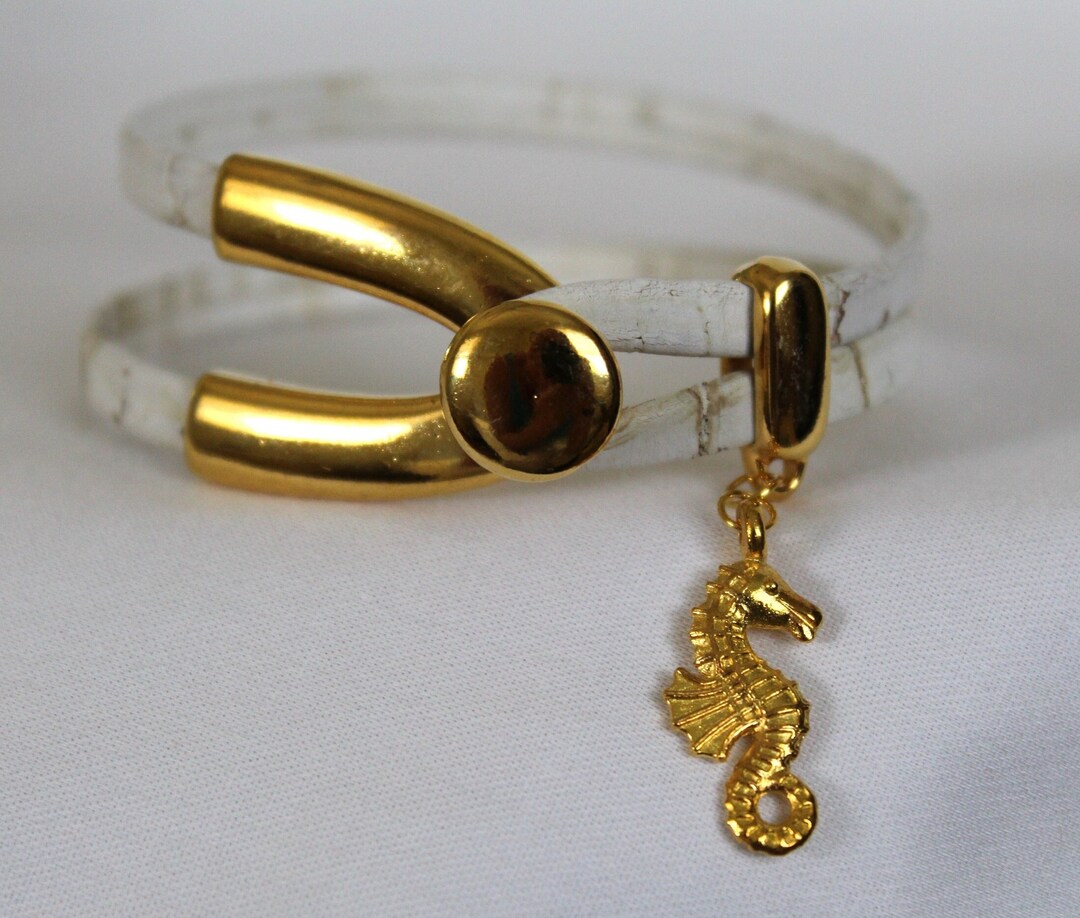 Seahorse Cork Bracelet, White Cork With 3-D Gold Seahorse Charm, Vegan ...