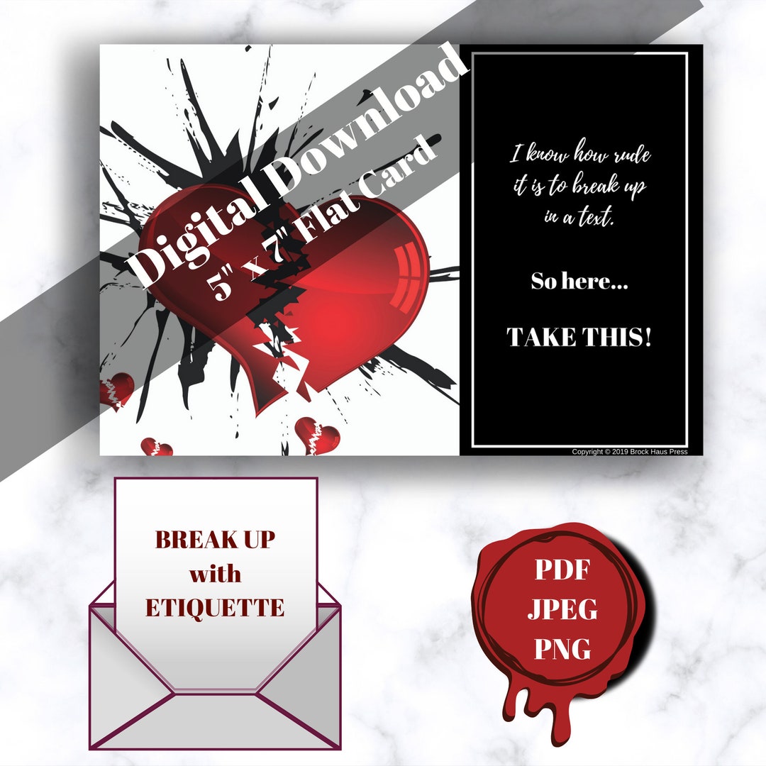 Printable Break up Card 5x7 Flat Post Card Broken Heart Romantic Lovers ...