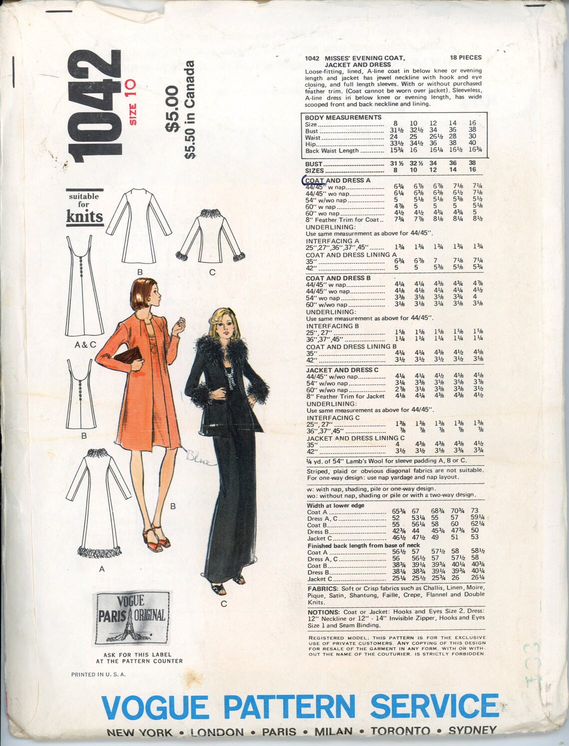 70s Vogue Paris Original 1042 Givenchy Designer Misses' Evening Coat ...