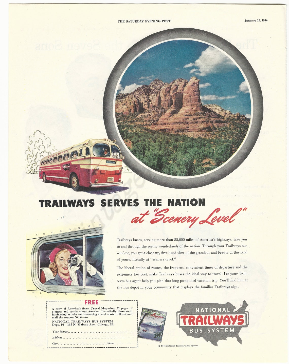 NATIONAL TRAILWAYS BUS System Original 1946 Vintage Extra Large Color ...